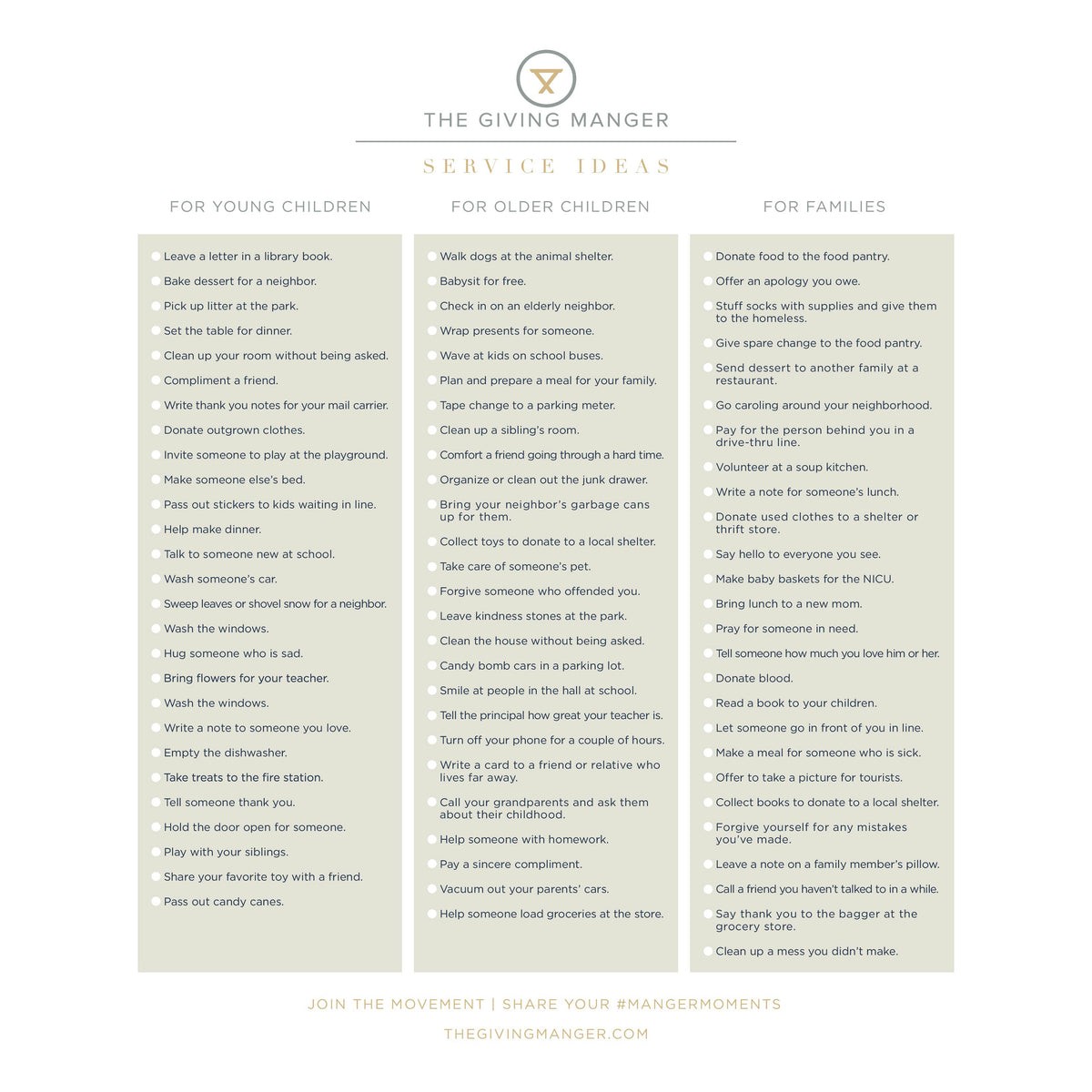 Service Ideas by Age Group - Free Printable — The Giving Manger
