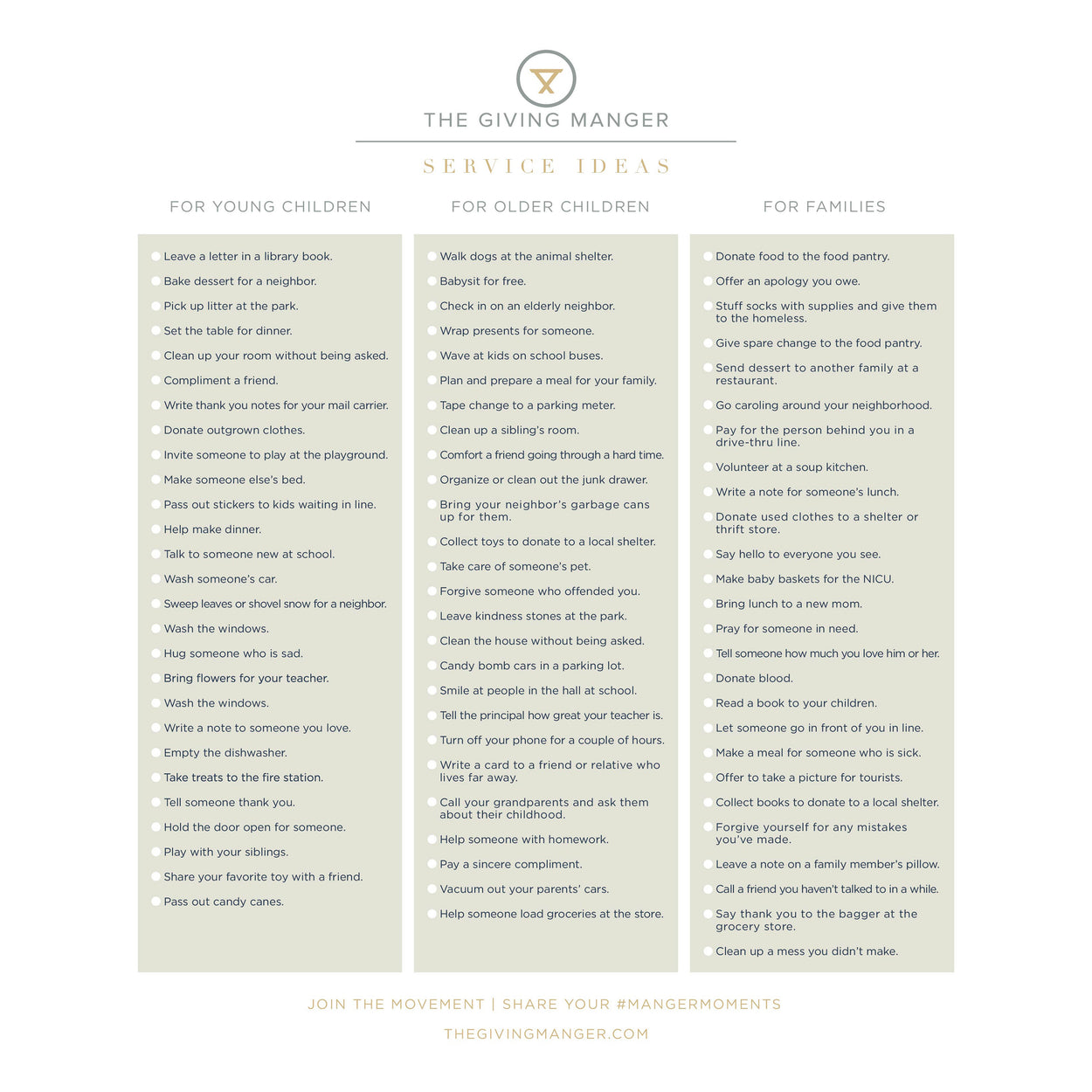 Service Ideas by Age Group - Free Printable — The Giving Manger
