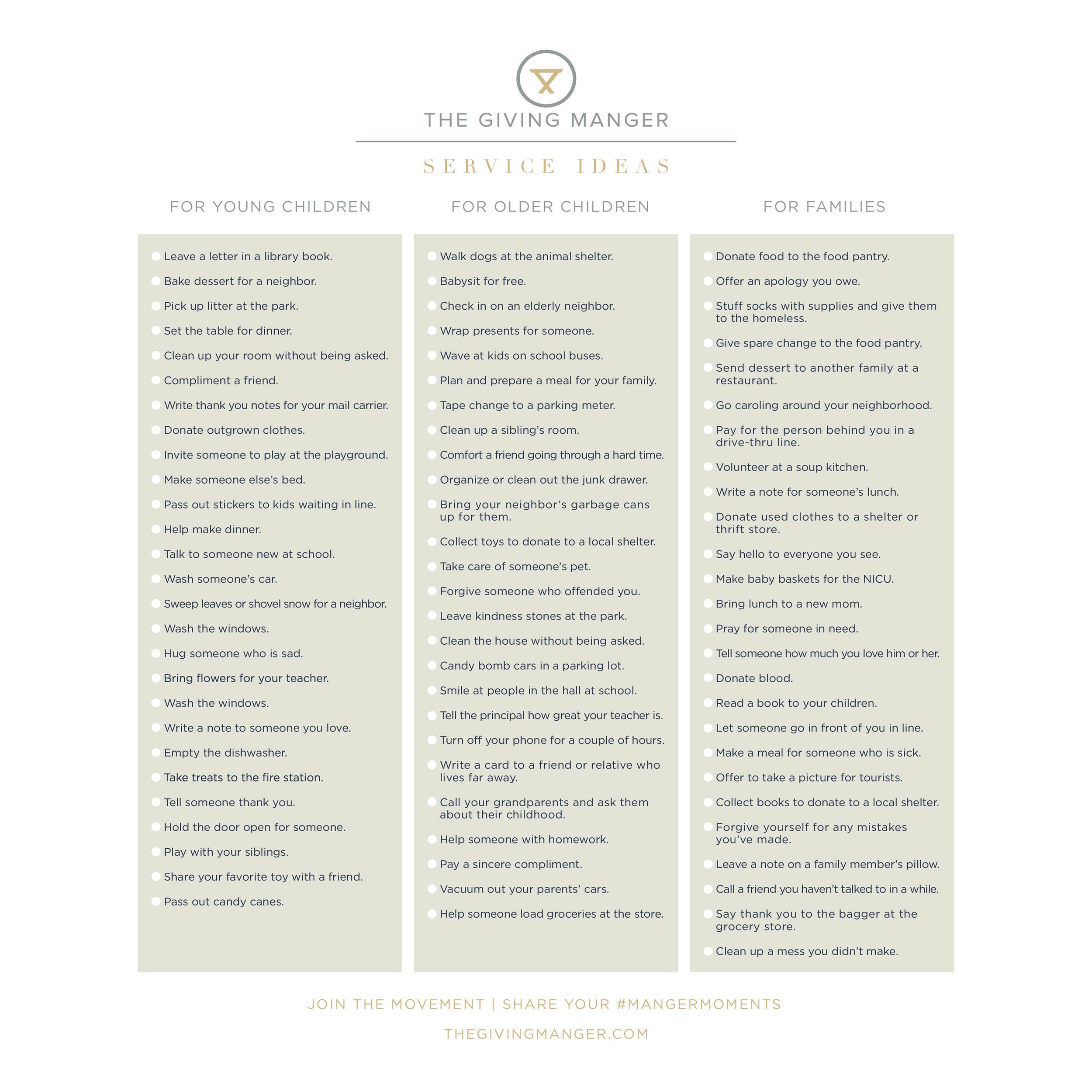 Service Ideas by Age Group - Free Printable — The Giving Manger